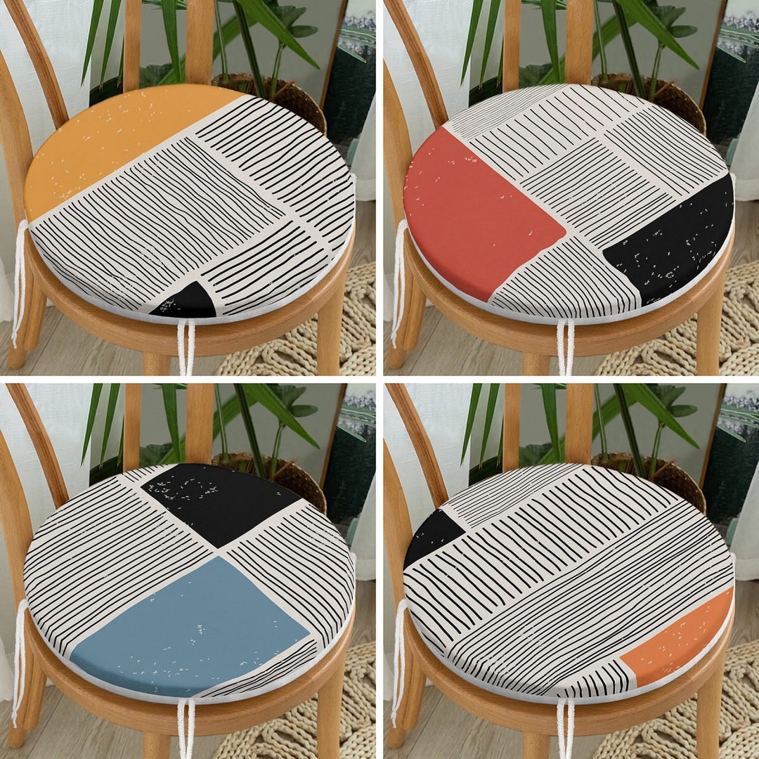 Abstract Striped Design Round Chair Pads With Ties, Orange Black Set of ...