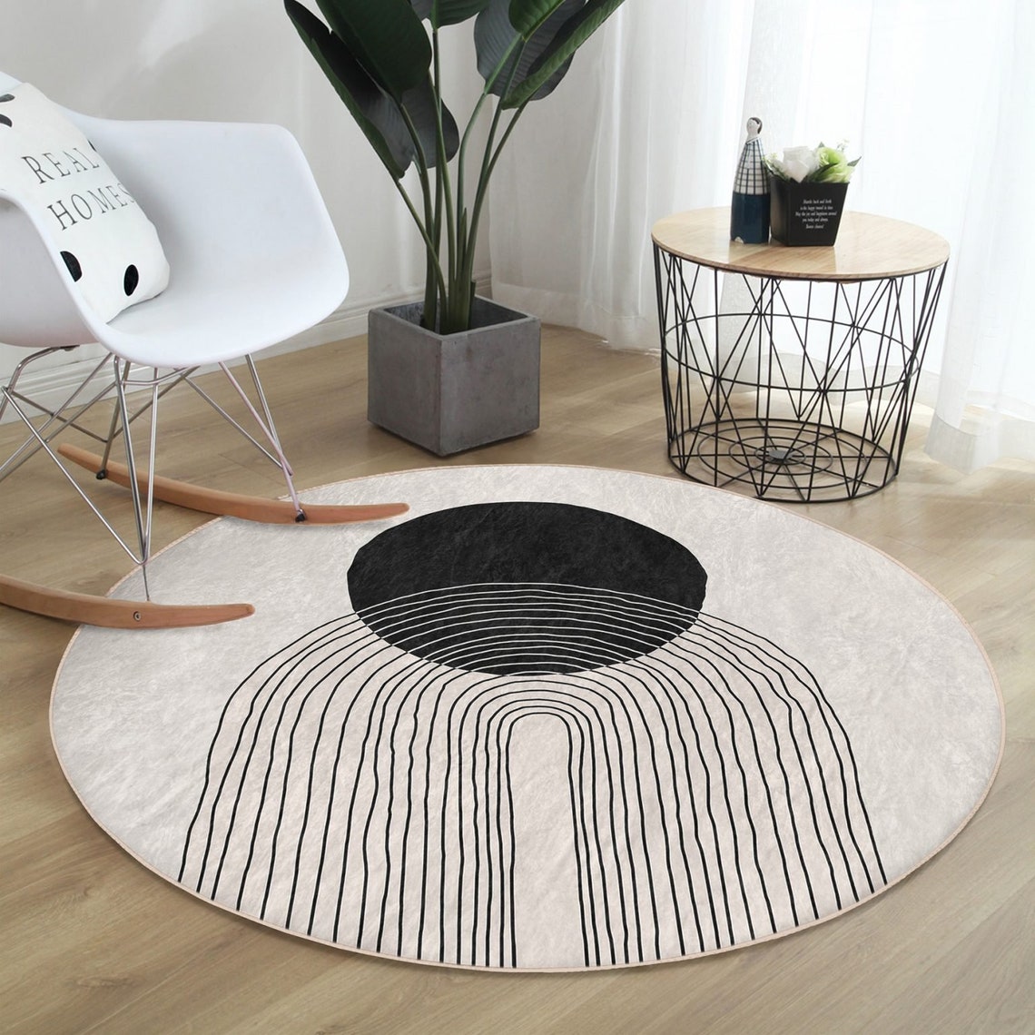 Mid Century Round Rug, Onedraw Circle Rug, Black Sun & Rainbow Round ...