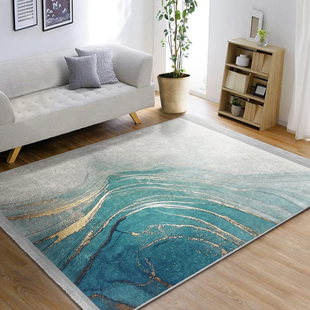 Marble Rug Gray Aqua With Gold: Non-slip Modern Area Carpet - Etsy
