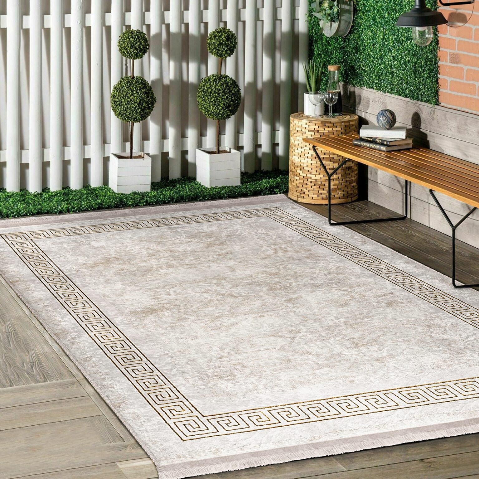 Greek Key Motif Area Rug, Classic Bordered Anti-slip Carpet, Solid ...