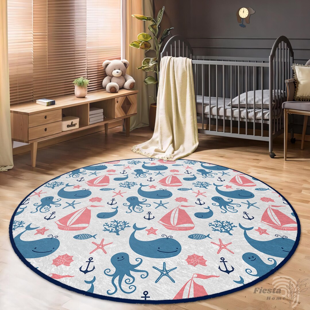 Ocean Animals Kids Rug, Sea Animals Nursery Carpet, Cute Whales Toddler ...