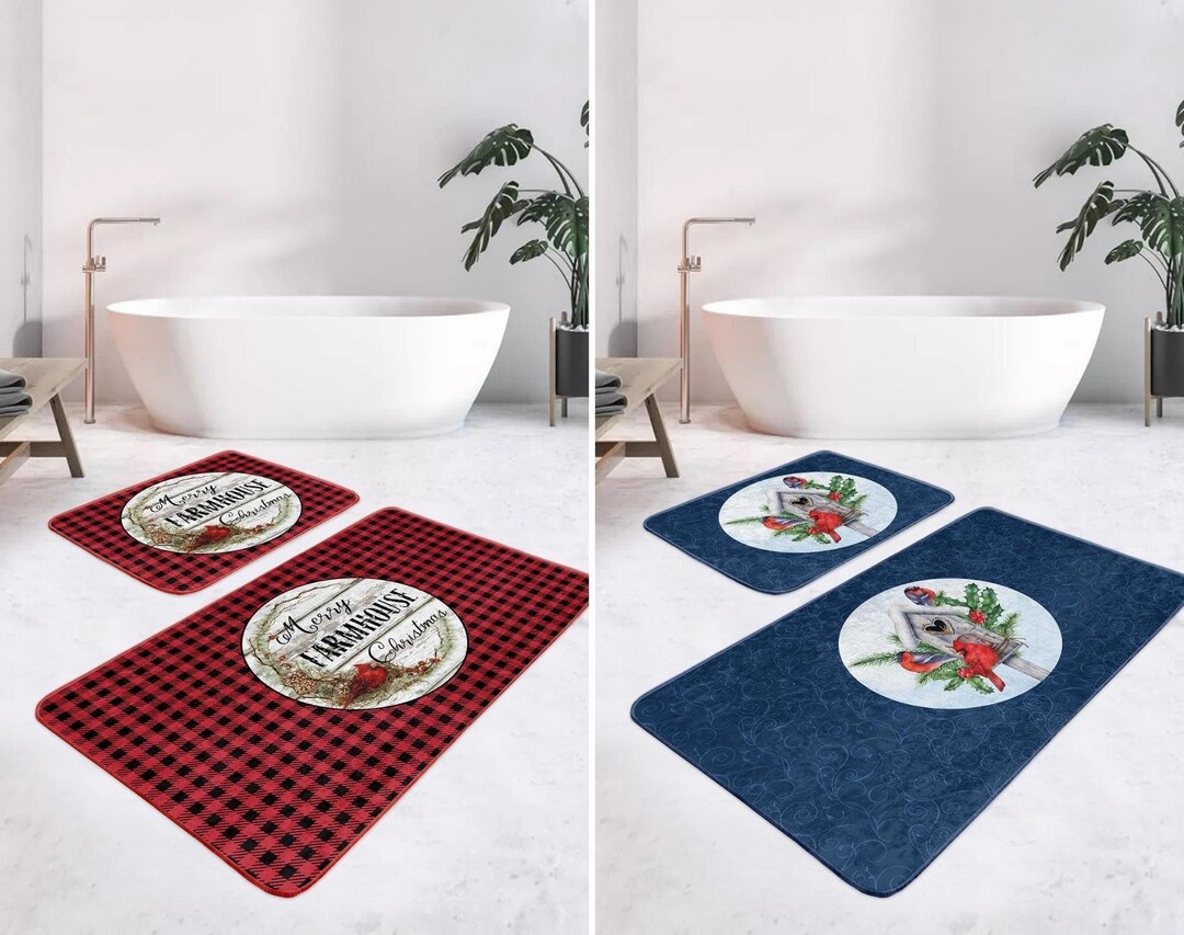 Christmas Bullfinch & Cardinal Bath Mat 2 Pcs Set, Red Bird Bathroom ...