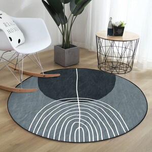 Minimalist Style Round Rug, Anti Slip Stripe Circle Rug, Black & White ...