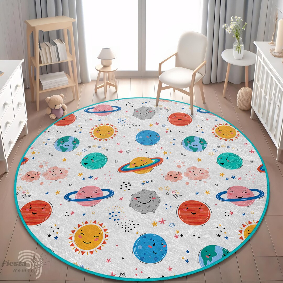 Cute Planets Nursery Carpet, Solar System Educational Rug, Sun and ...