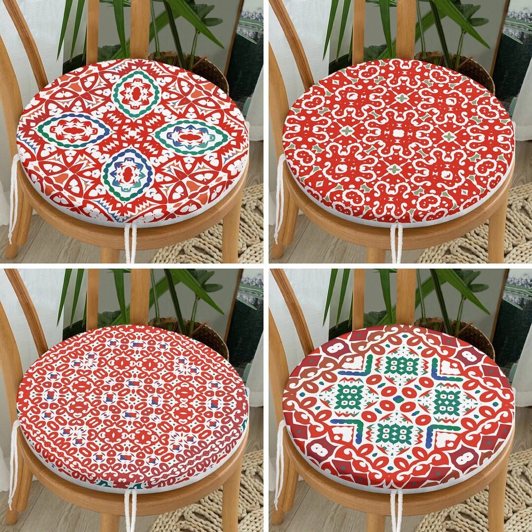 Tile Art Design Chair Pads With Ties, Set of 4 Kitchen Seat Pad, Ethnic ...