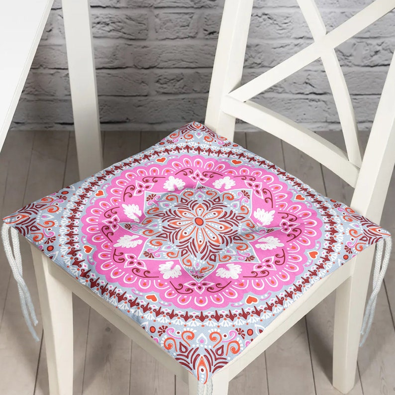 Pink Bohemian Design Seat Cushions, Boho Chair Pads With Ties, Outdoor ...