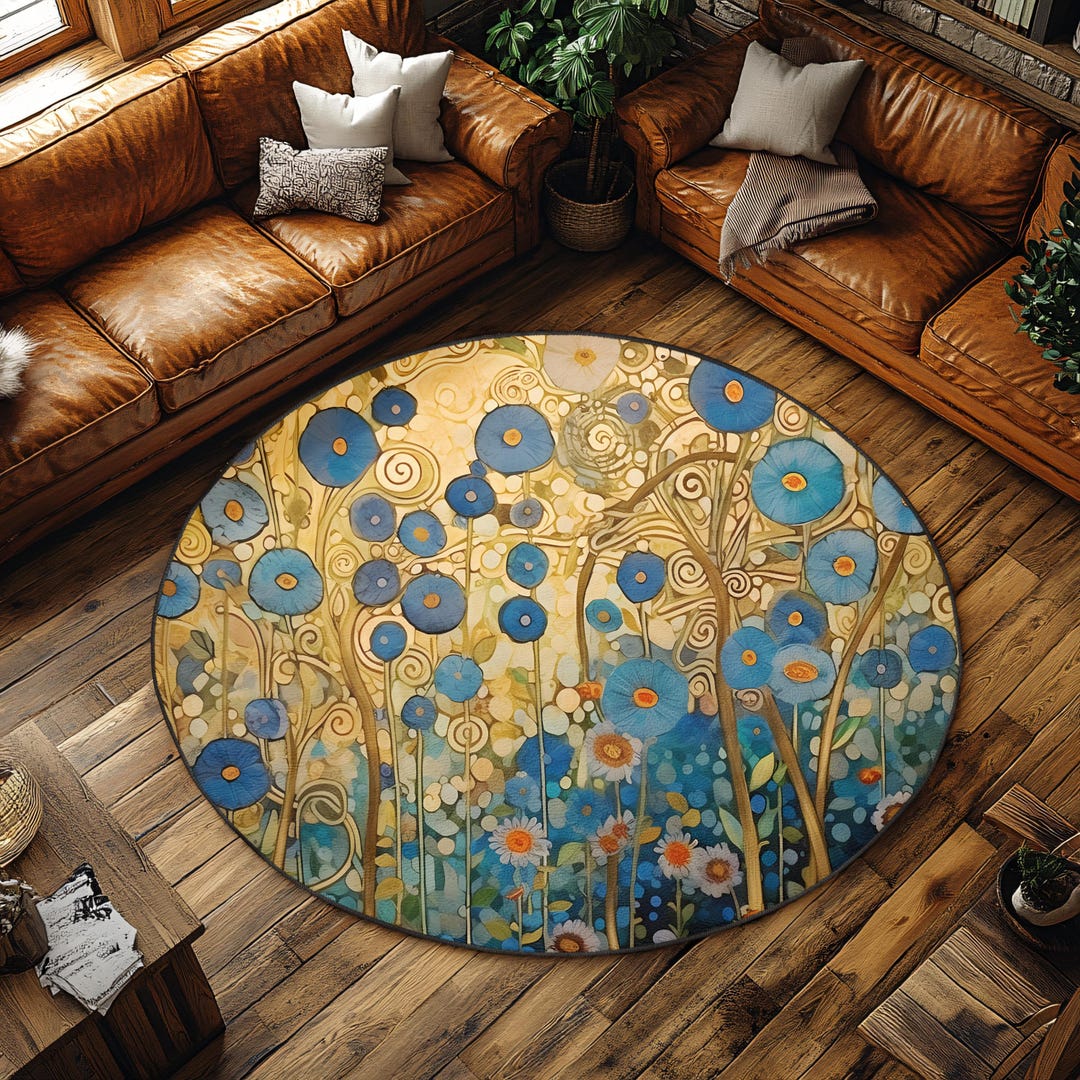 Abstract Floral Rug, Gustav Klimt Style, Blue Gold (round, Multiple ...