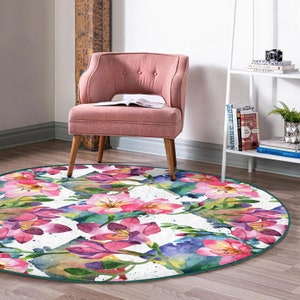 Watercolor Floral Round Rug, Non Slip Colorful Flowers Circle Rugs ...