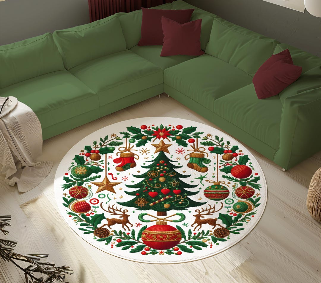 Round Christmas Rug: Cozy Retro Design - Non-slip Bedroom Carpet - Etsy