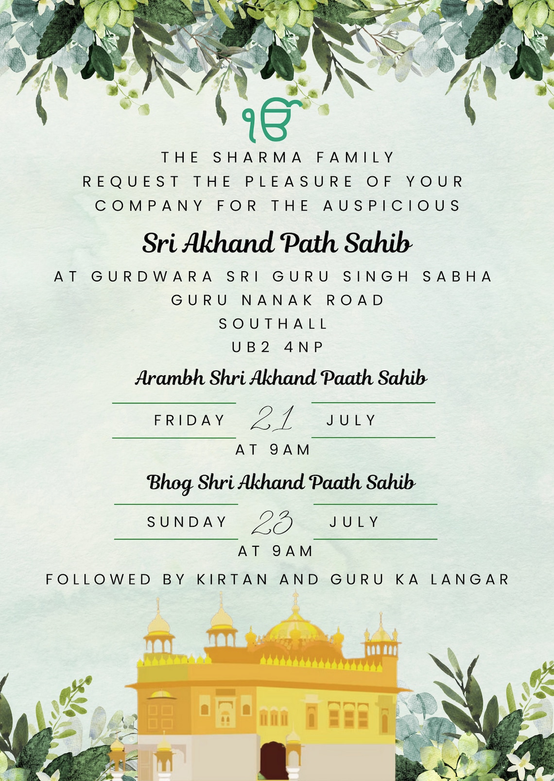 Akhand Path Invitation Sikh Invitations, Sri Akhand Path Sahib Invite ...