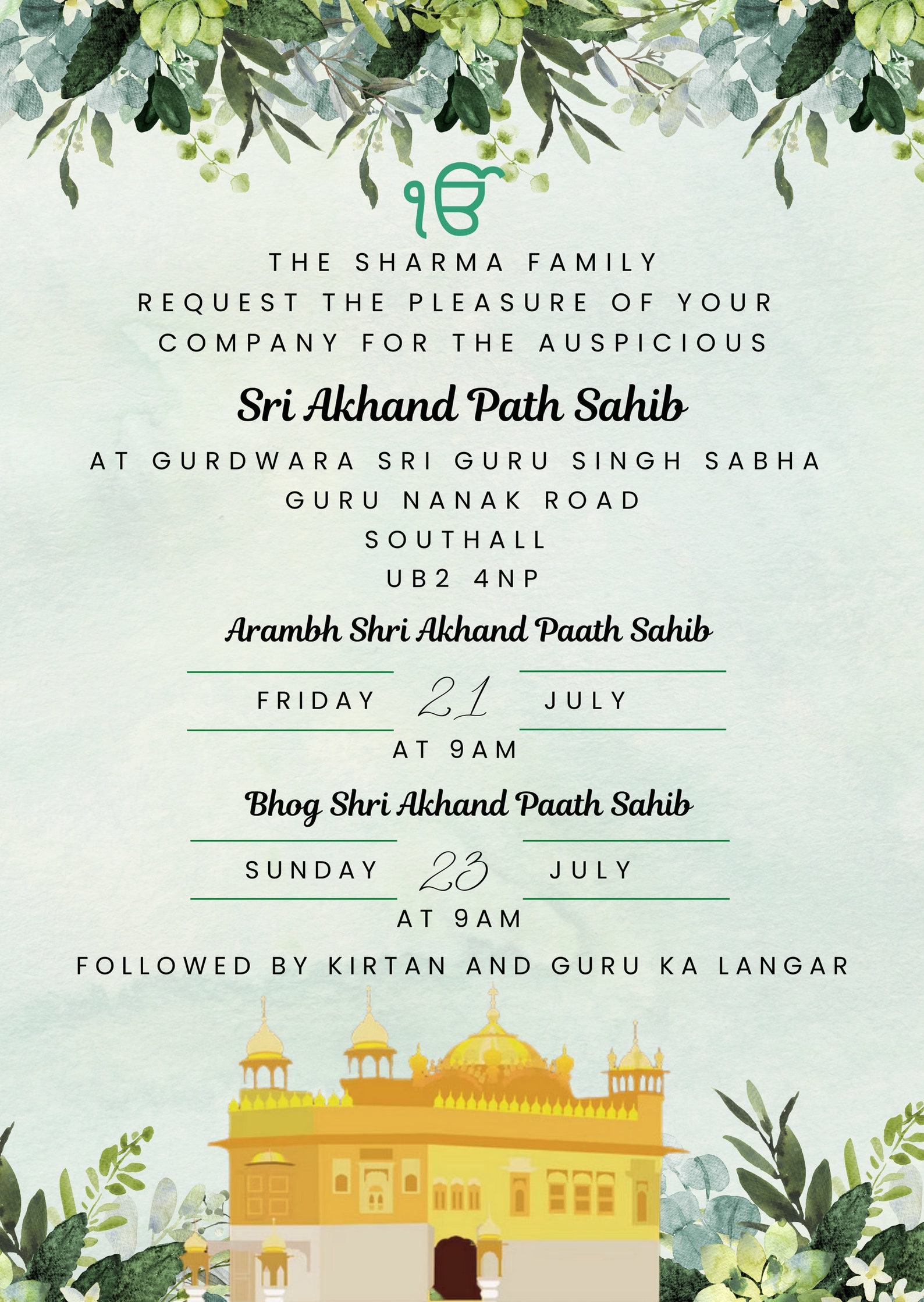 Akhand Path Invitation Sikh Invitations, Sri Akhand Path Sahib Invite ...