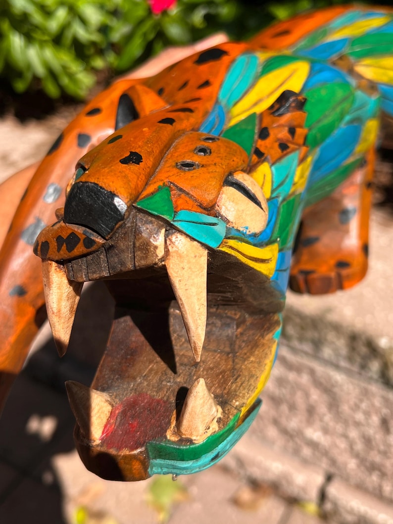 Hand Carved Cedar Wood Mayan Aztec Half Jaguar Serpent Hand Painted ...