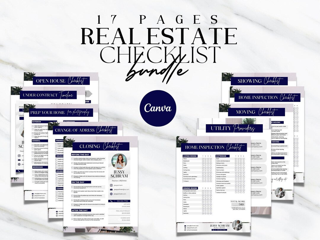 Dark Blue Checklist Bundle Printable Real Estate Checklist Canva ...
