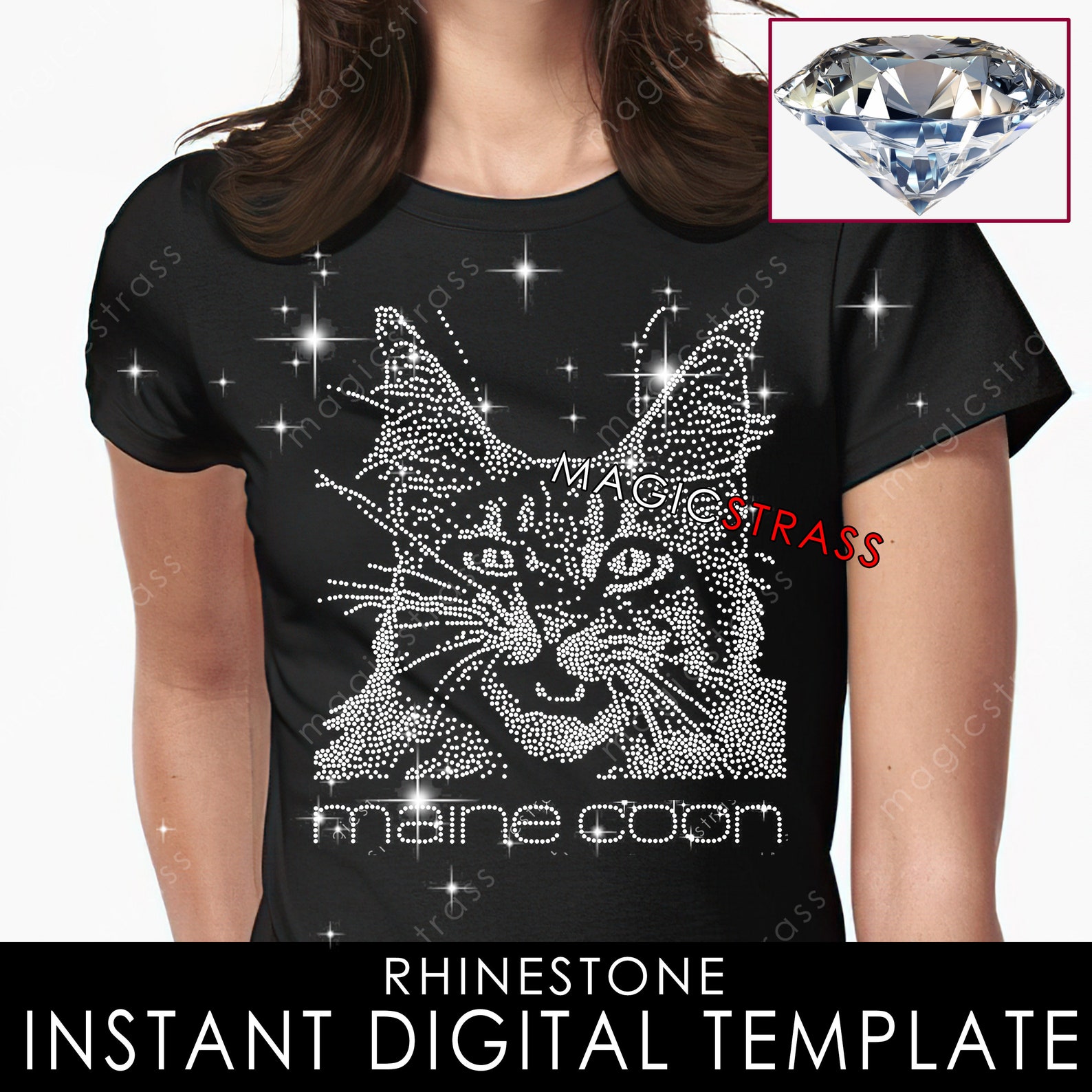 Funny Maine Coon Cat SS6 Rhinestone Portrait Bling Diamond SVG Instant ...