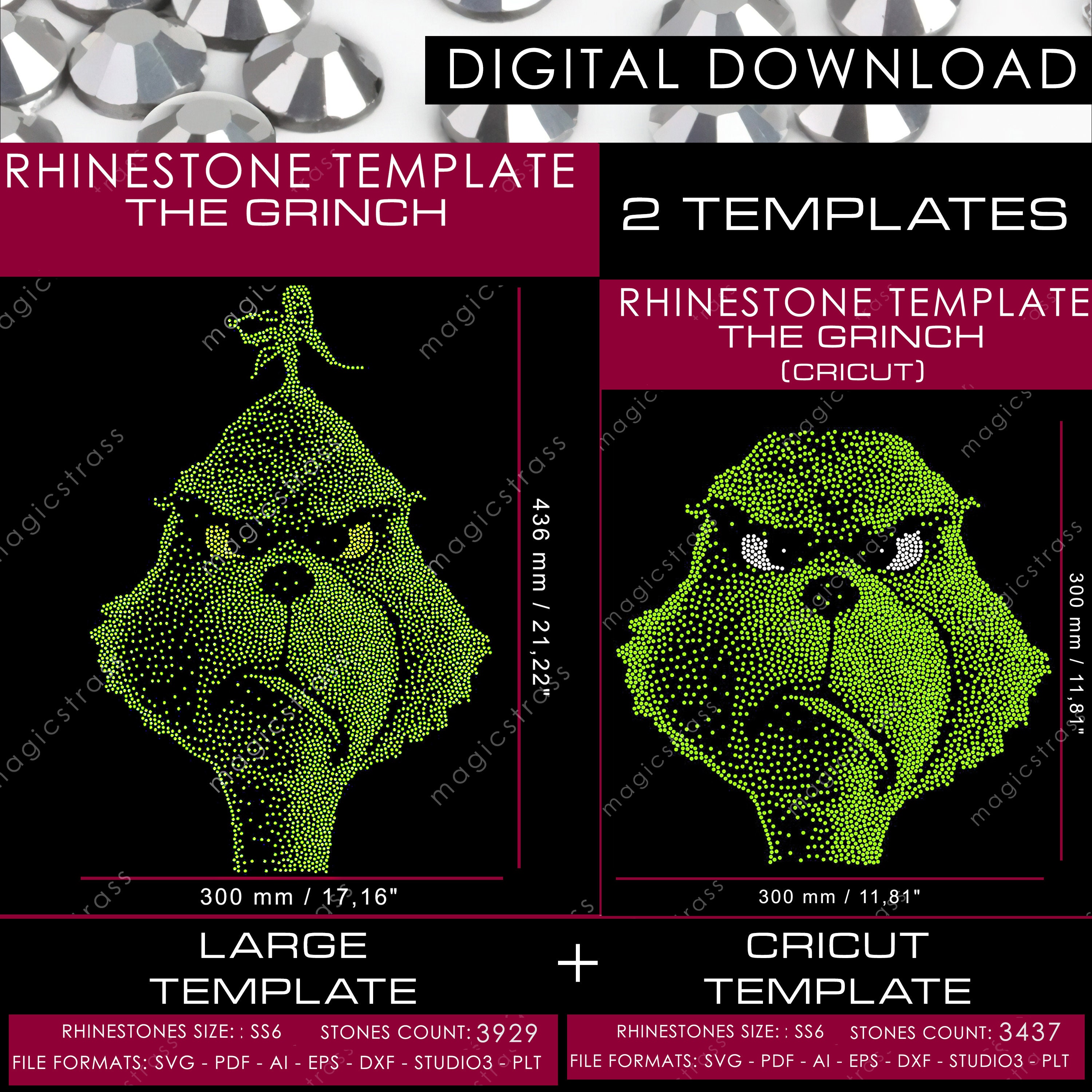 The Grinch Cartoon Large SS6 Rhinestone Bling Design Instant Digital ...