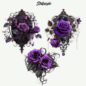 13 Gothic Purple Rose Clipart Pack | PNG | Fantasy Clipart | Floral ...