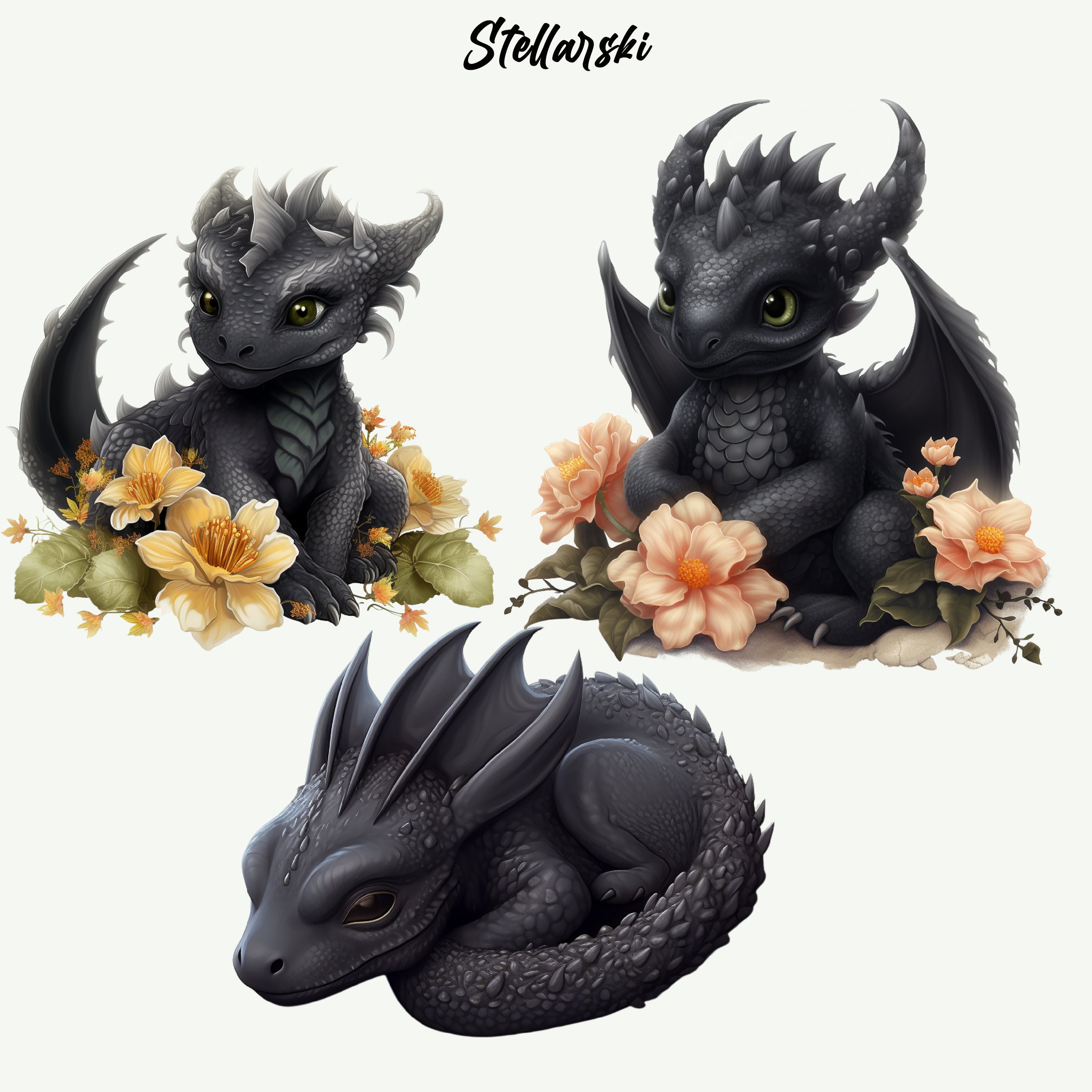 11 Fantasy Black Dragon Clipart, PNG, Full Commercial Use, Gothic Baby ...