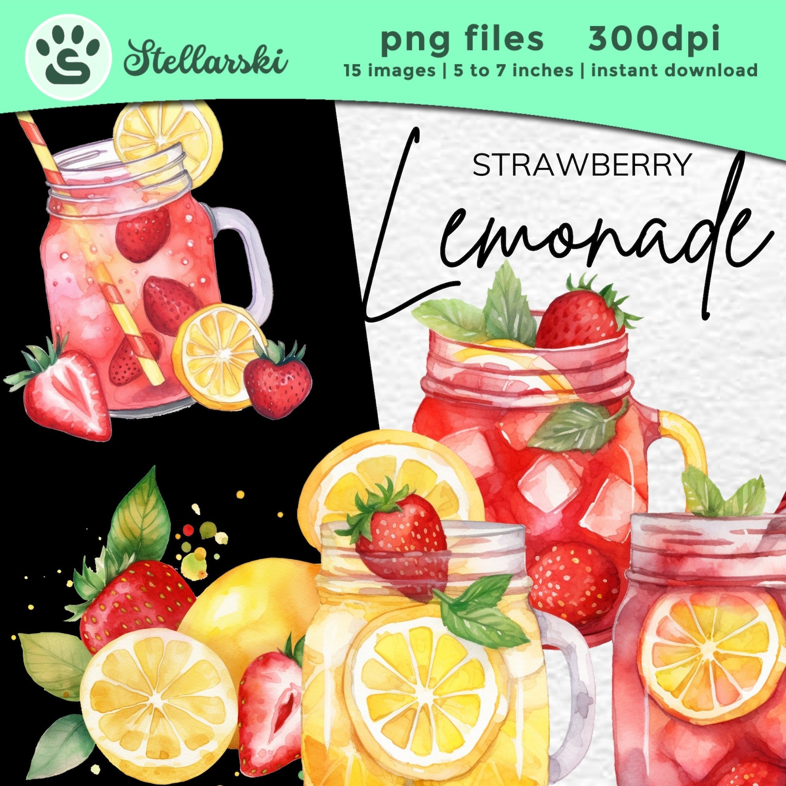 Watercolor Strawberry Lemonade Clipart | Pink Lemonade PNG Bundle ...