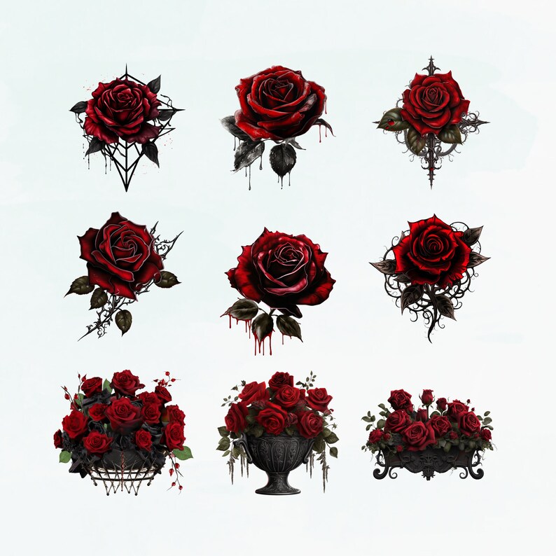 12 Gothic Red Rose Clipart Pack | PNG | Fantasy Clipart | Floral ...