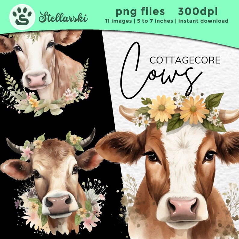 Watercolor Cottagecore Cows Clipart Bundle, Fantasy Clip Art, Cow Clip ...