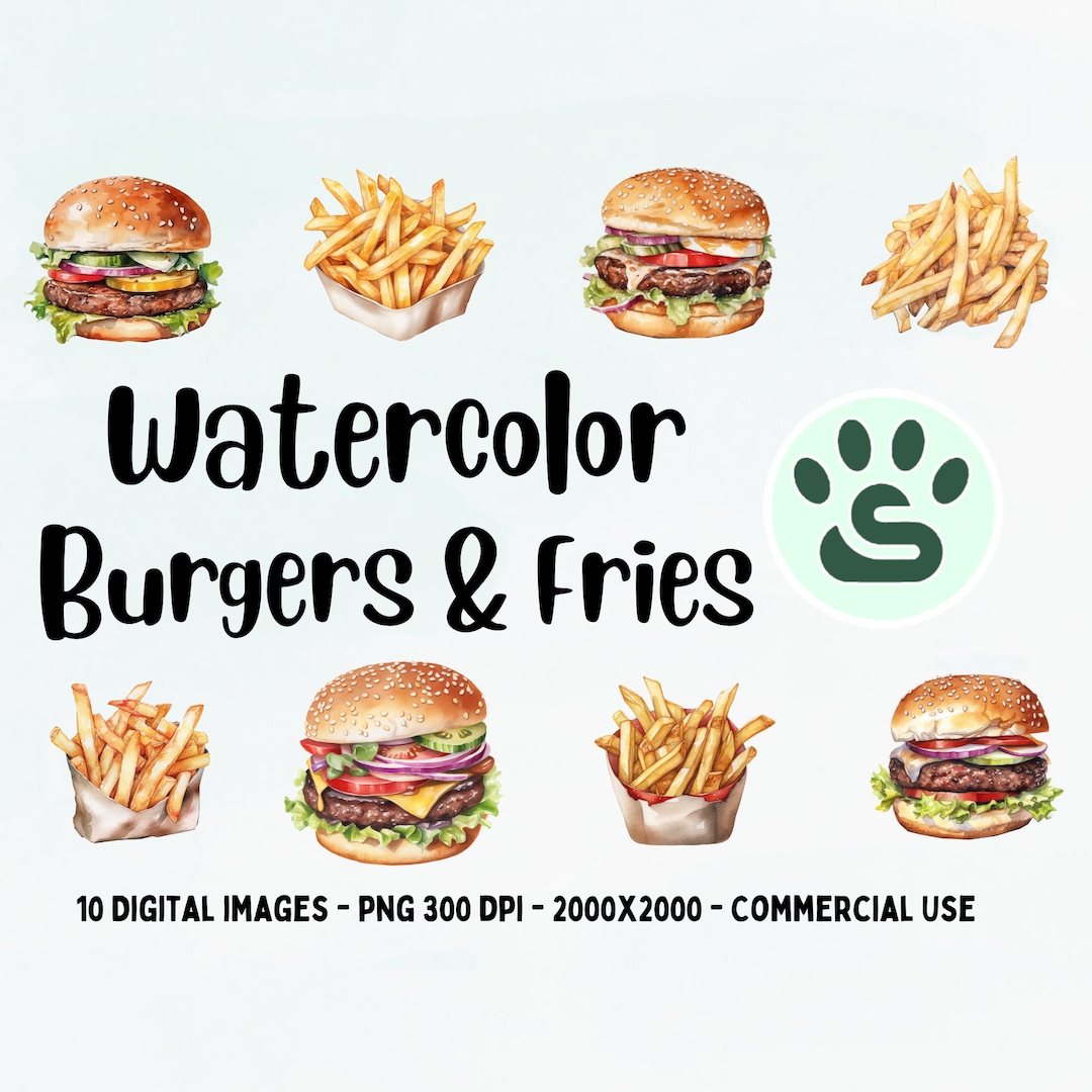 Burgers Clipart, Fries PNG, Fast Food Illustration, Watercolor ...