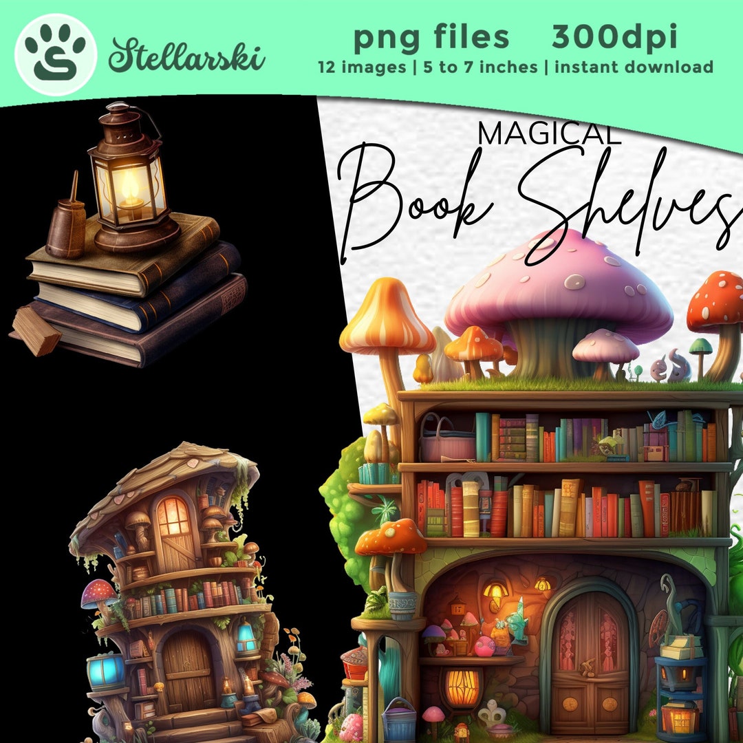 12 Watercolor Magical Book Shelf Clipart, PNG, Full Commercial Use ...