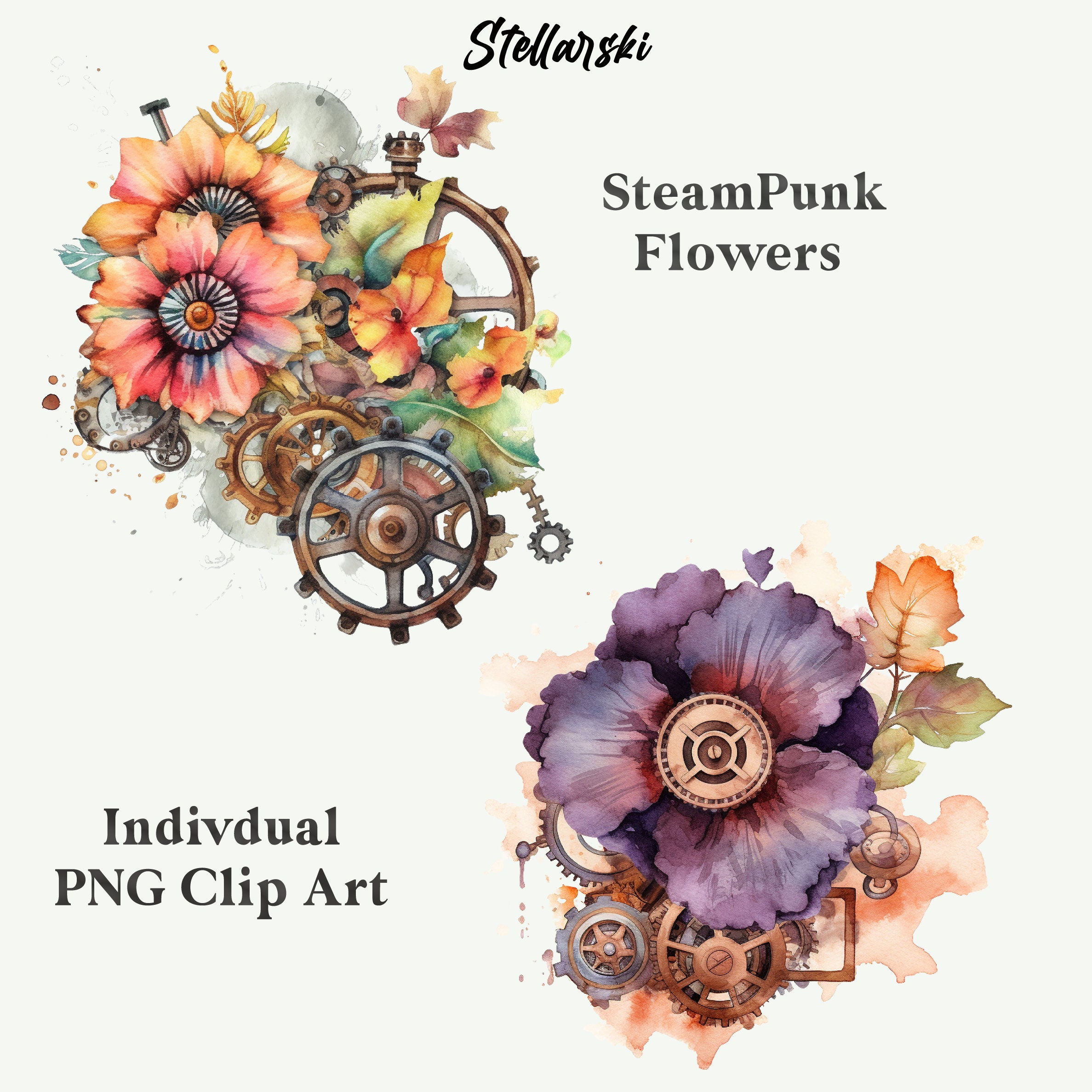 11 PNG Watercolor Steampunk Flowers Clipart, Steampunk Design, Fantasy ...
