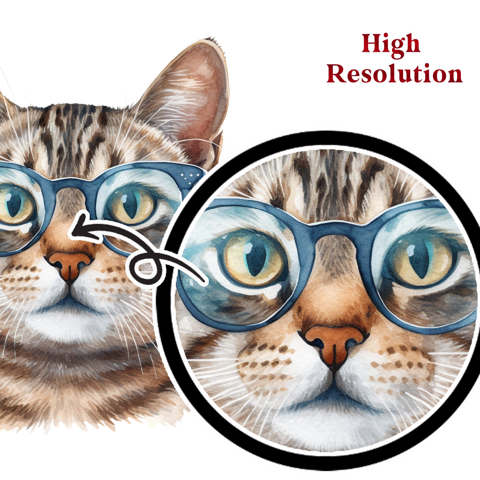 Fluffy Cat in Glasses Clipart PNG, Commercial Use, Watercolor Cats ...
