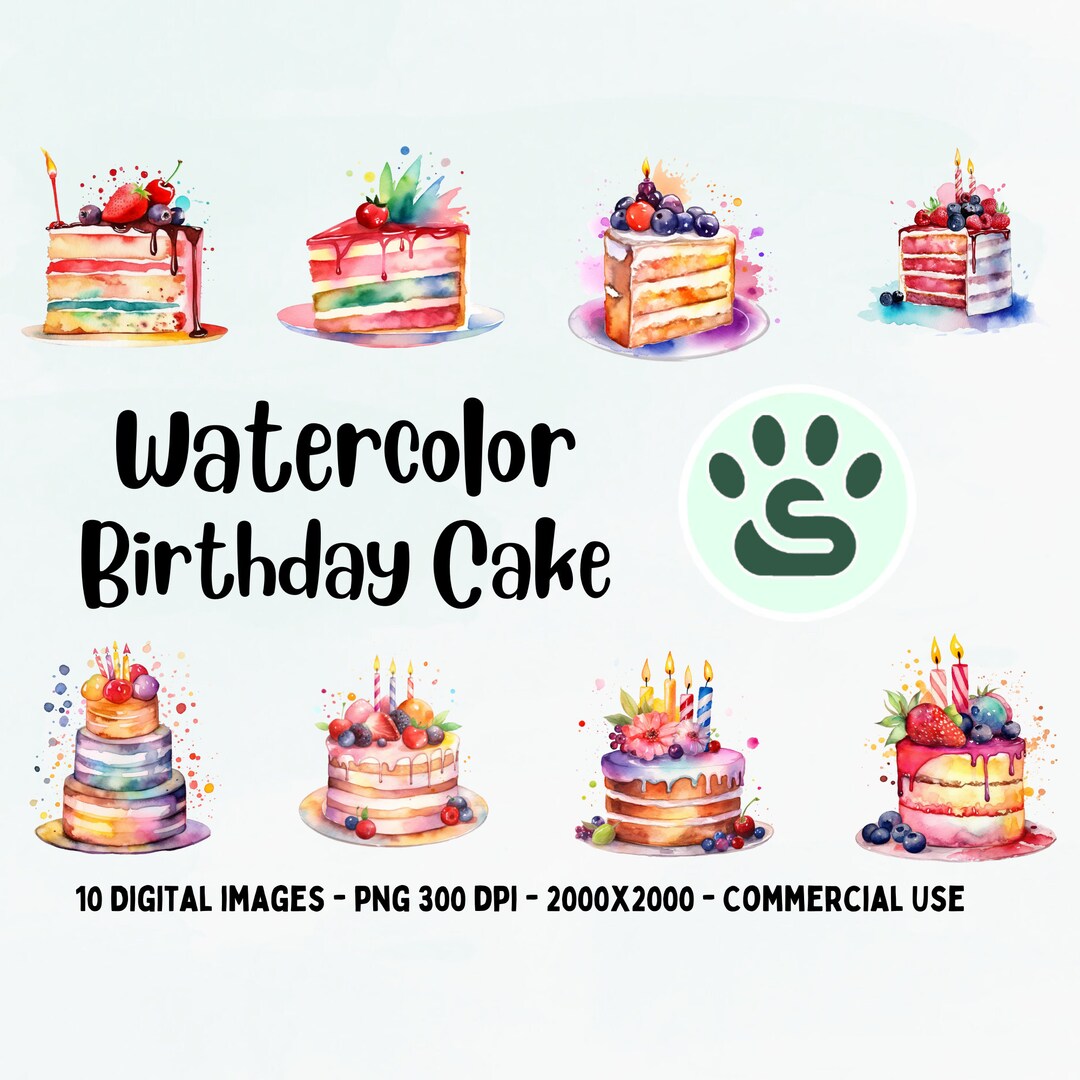 Watercolor Birthday Cake Clipart, Party Sweets PNG Collection, Nursery ...