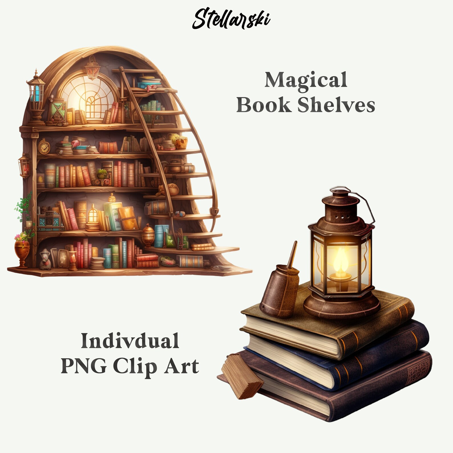 12 Watercolor Magical Book Shelf Clipart, PNG, Full Commercial Use ...