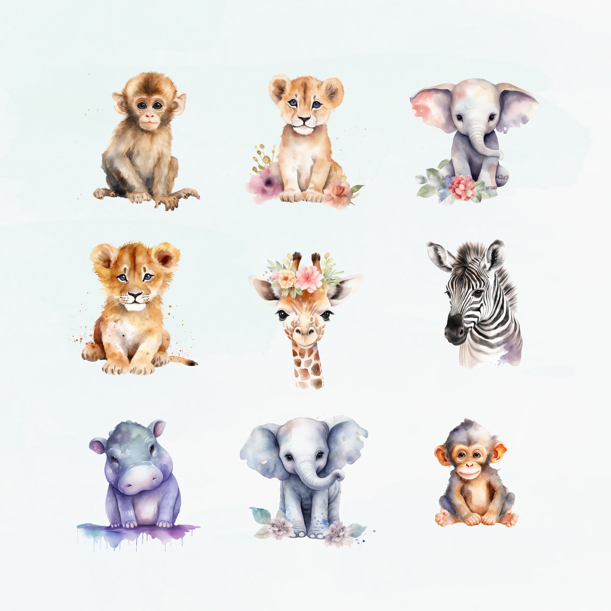 Watercolor Baby Safari Animals Clipart Cute Baby Animals PNG Jungle ...