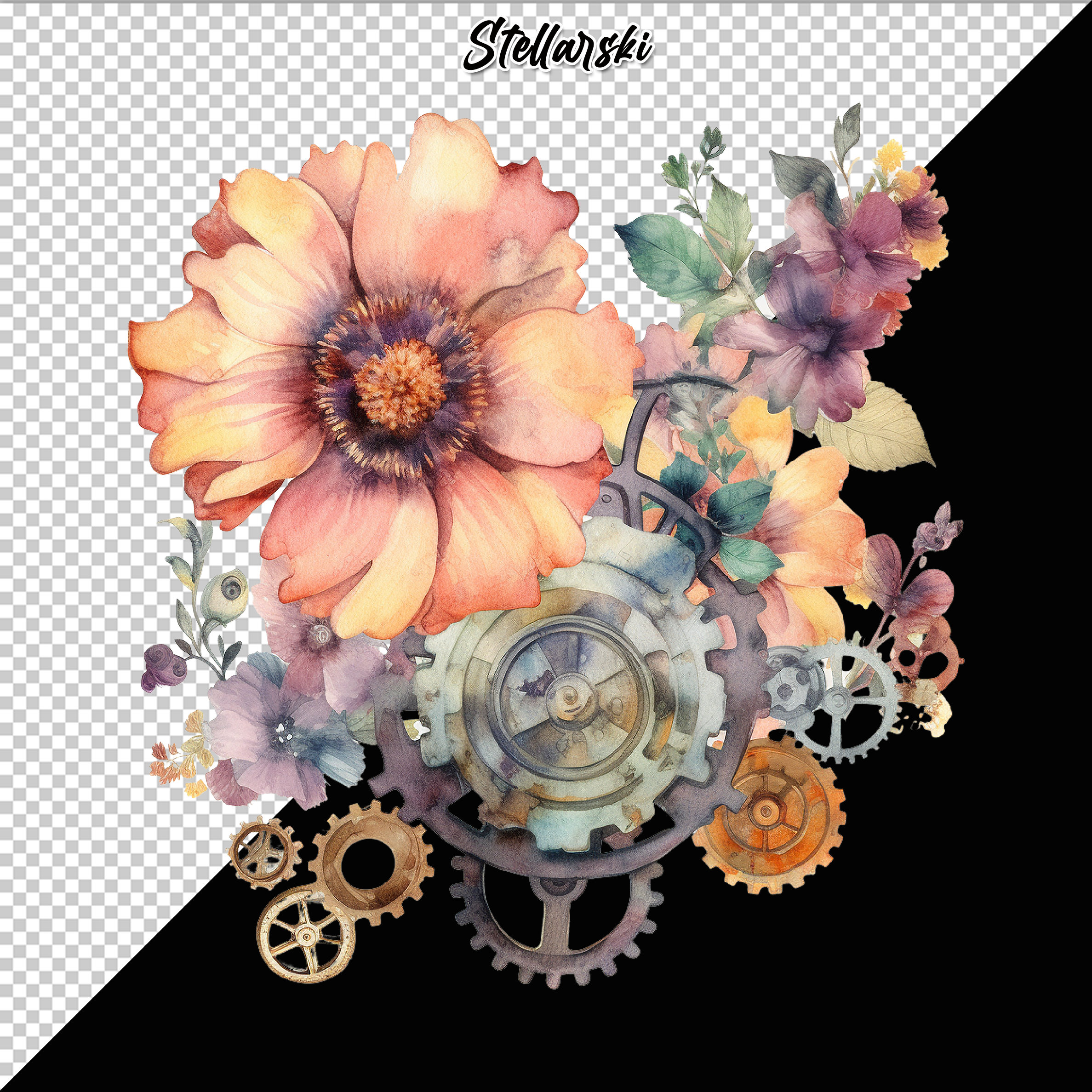 11 PNG Watercolor Steampunk Flowers Clipart, Steampunk Design, Fantasy ...
