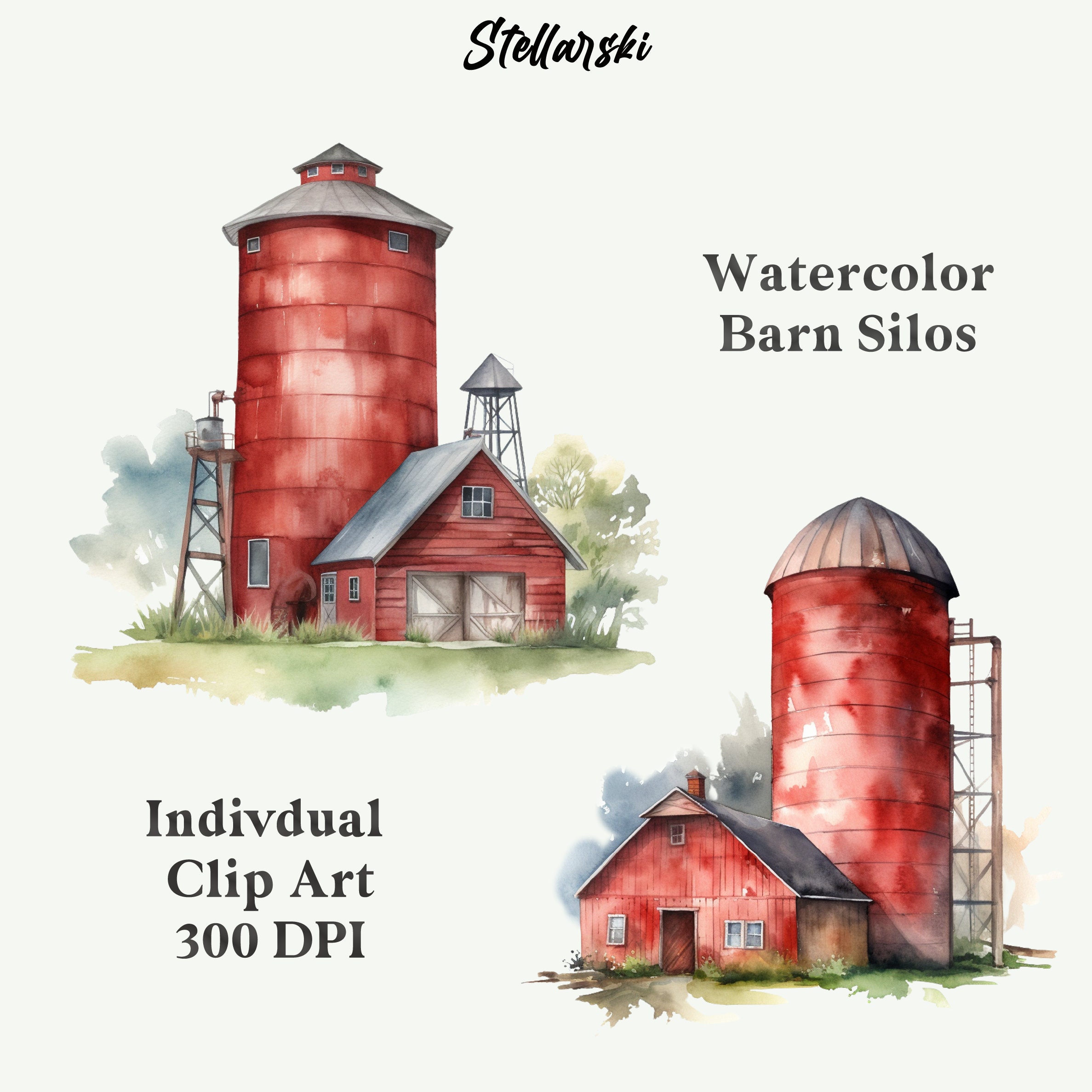 Red Farm Barn Silo Clipart, Farmhouse Clipart, Silo Watercolor Clipart ...