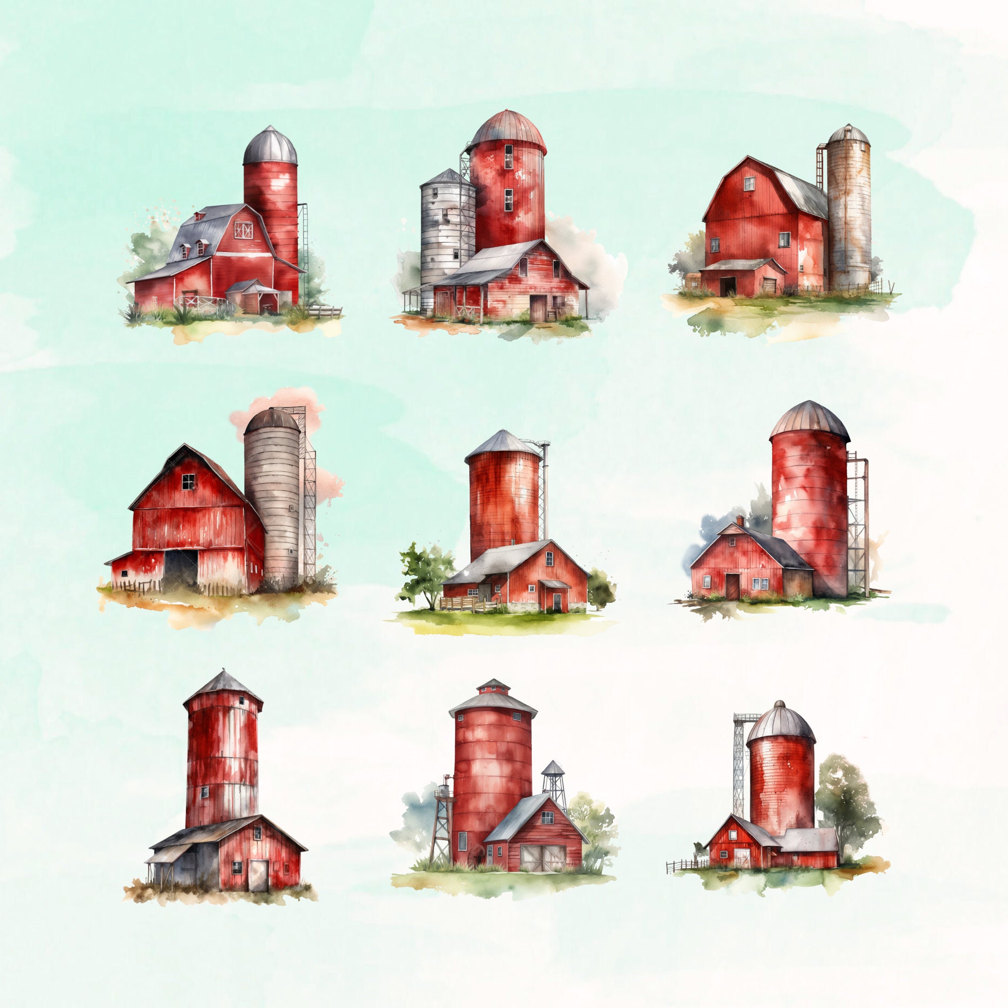 Red Farm Barn Silo Clipart, Farmhouse Clipart, Silo Watercolor Clipart ...