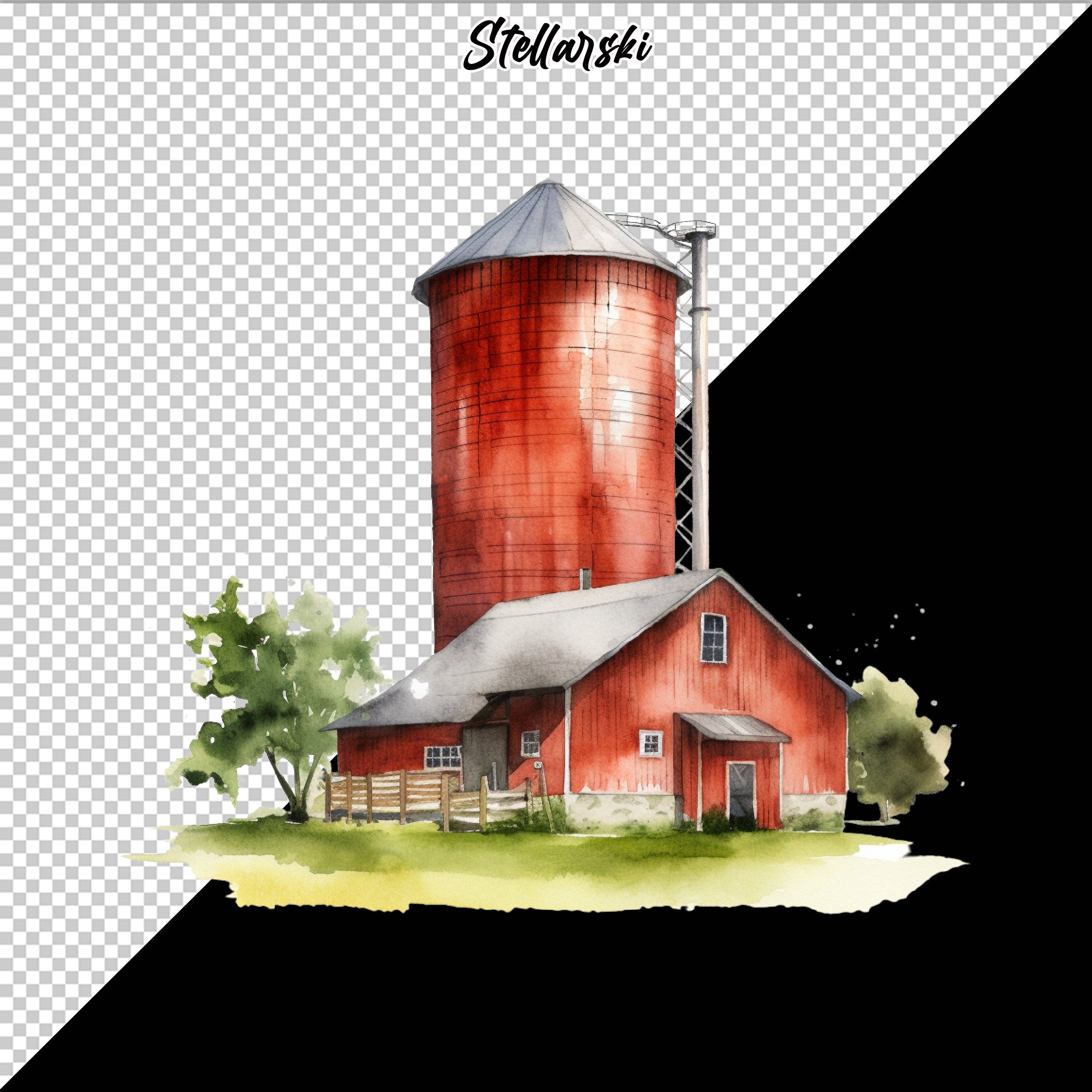 Red Farm Barn Silo Clipart, Farmhouse Clipart, Silo Watercolor Clipart ...