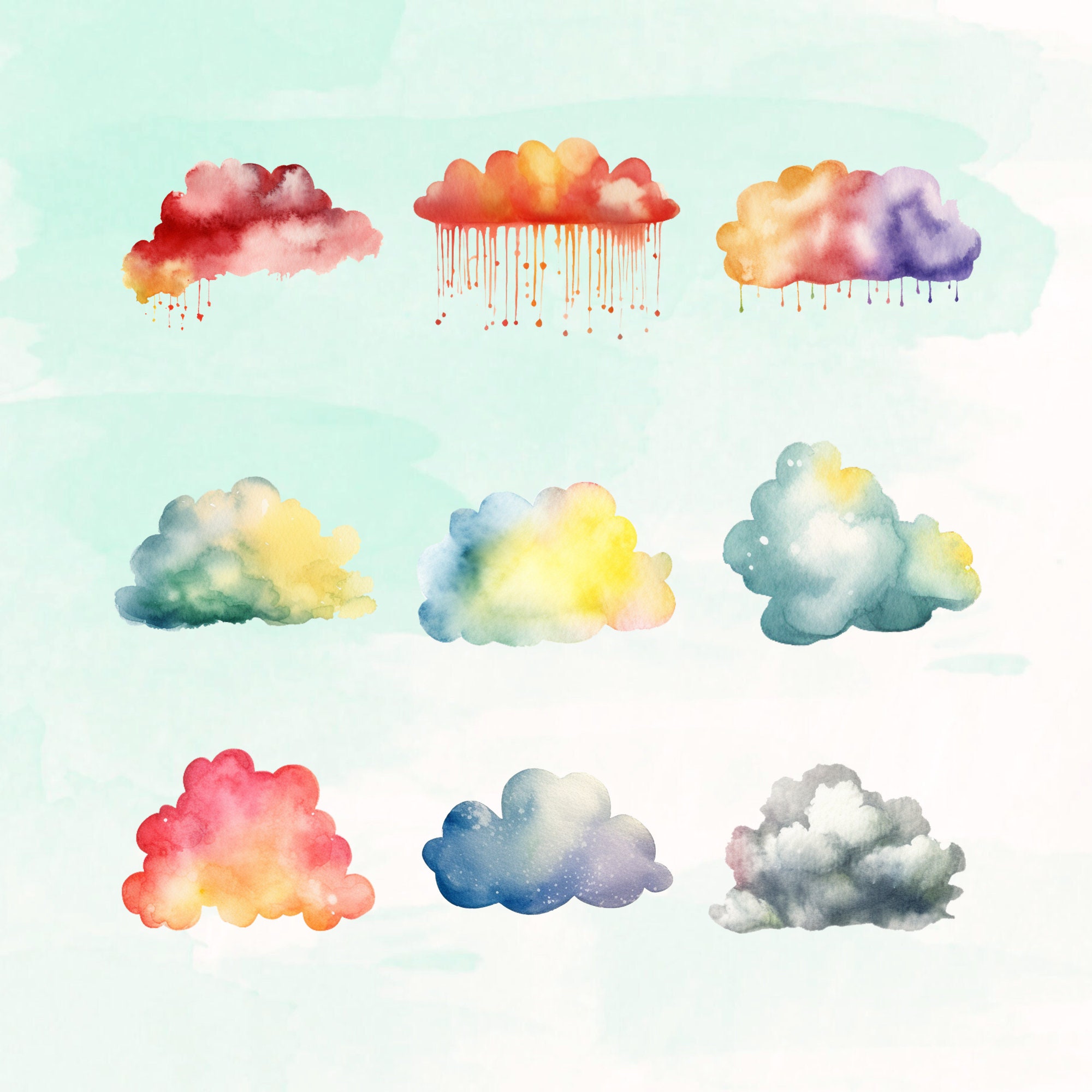 Watercolor Clouds Clipart, Weather Clip Art, PNG Watercolor Graphics ...