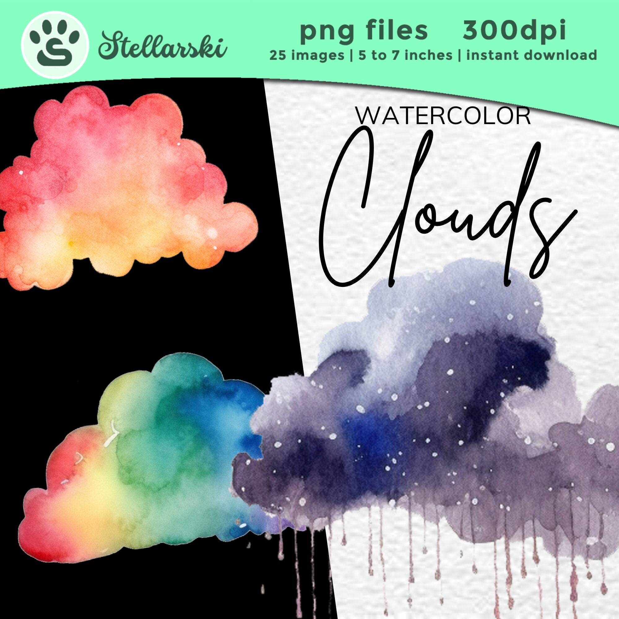 Watercolor Clouds Clipart, Weather Clip Art, PNG Watercolor Graphics ...