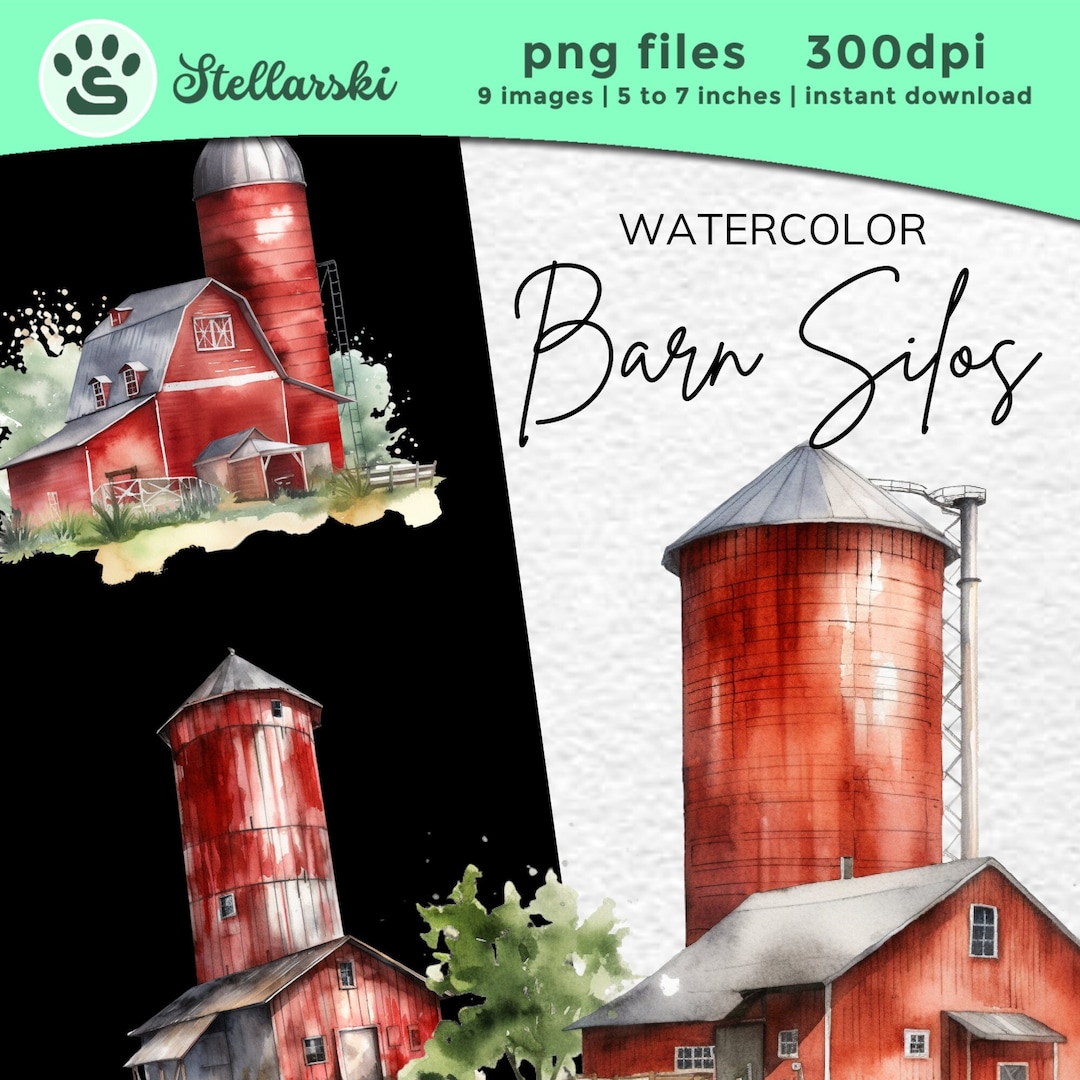 Red Farm Barn Silo Clipart, Farmhouse Clipart, Silo Watercolor Clipart ...