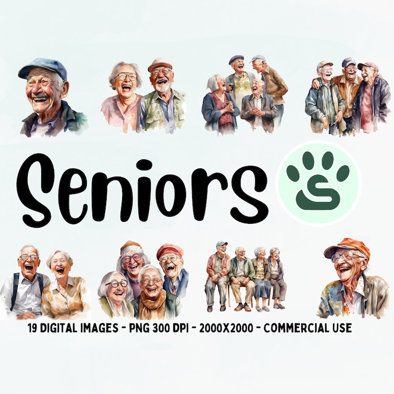 Watercolor Joyful Seniors Clipart, Elderly People PNG, Digital Download ...