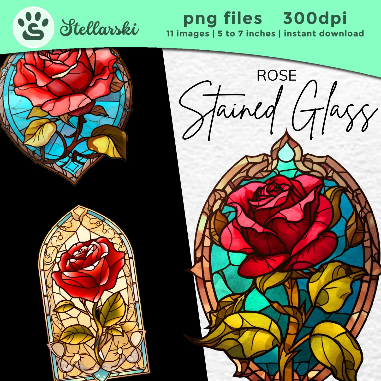 Rose Stained Glass Clipart, Stained Glass PNG, Sublimation, Commercial ...