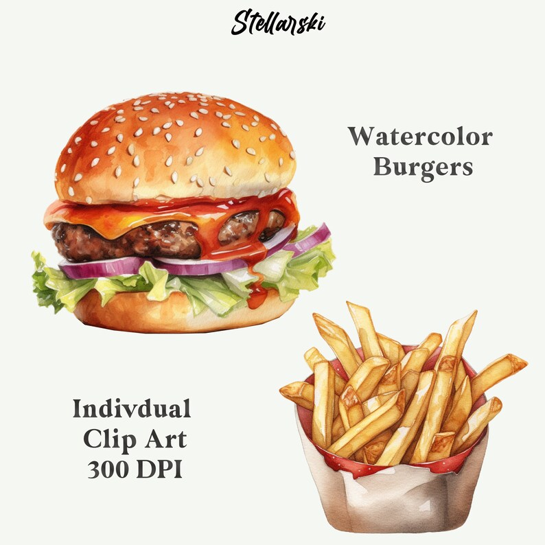 Burgers Clipart, Fries PNG, Fast Food Illustration, Watercolor ...