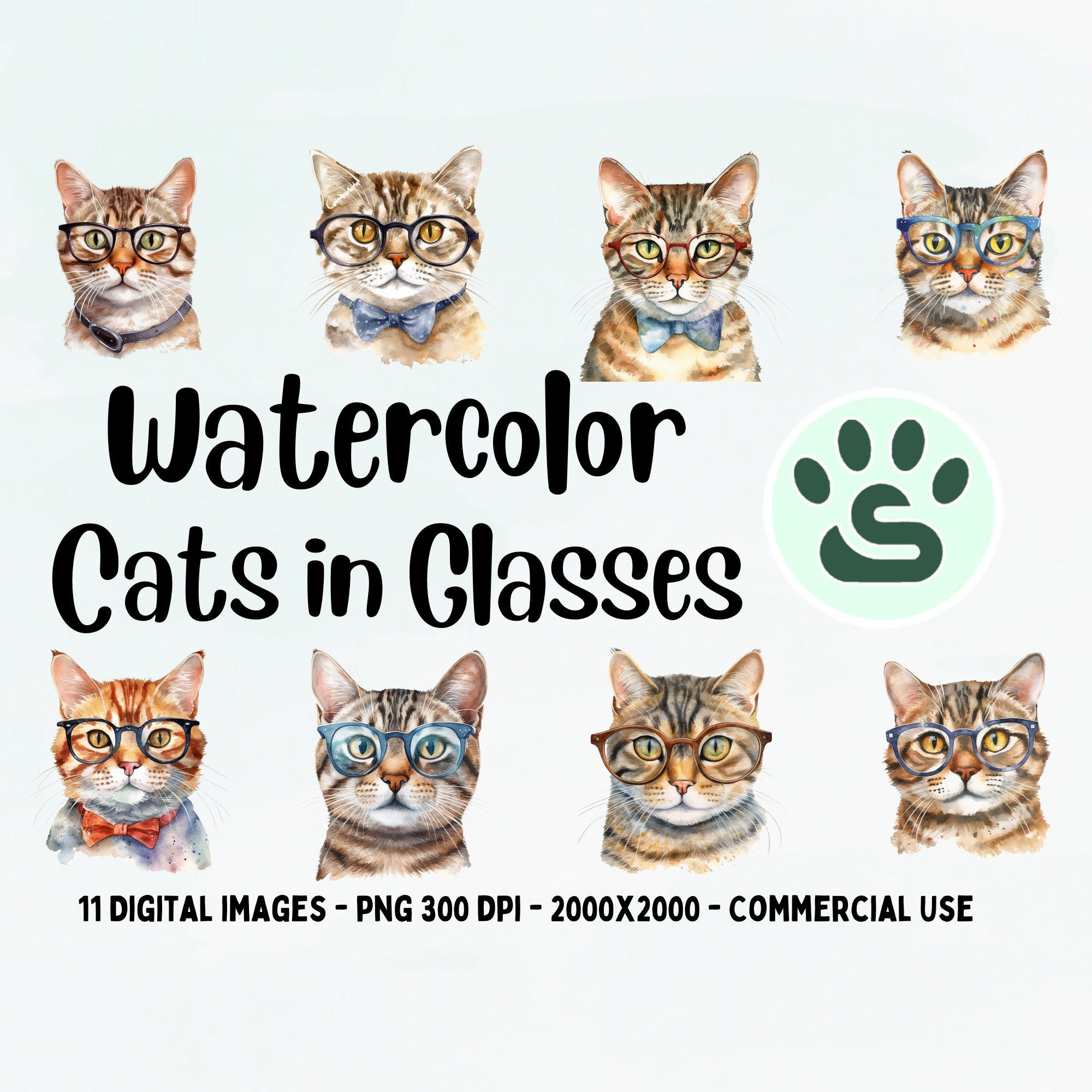 Fluffy Cat in Glasses Clipart PNG, Commercial Use, Watercolor Cats ...