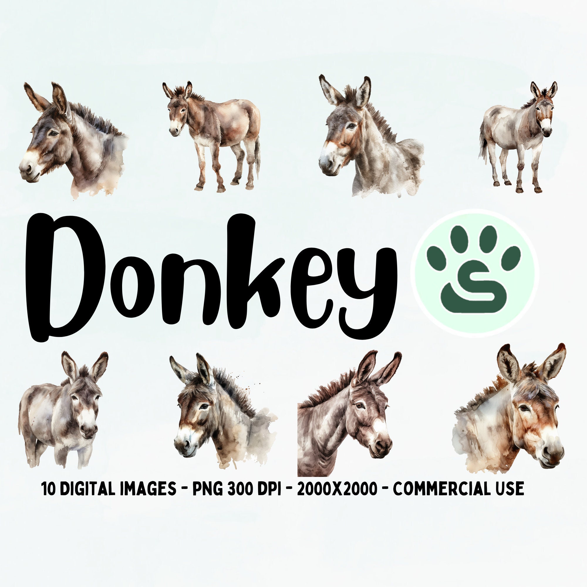 Watercolor Donkey Clipart | Donkey PNG Bundle | Farm Animals PNG | Cute ...