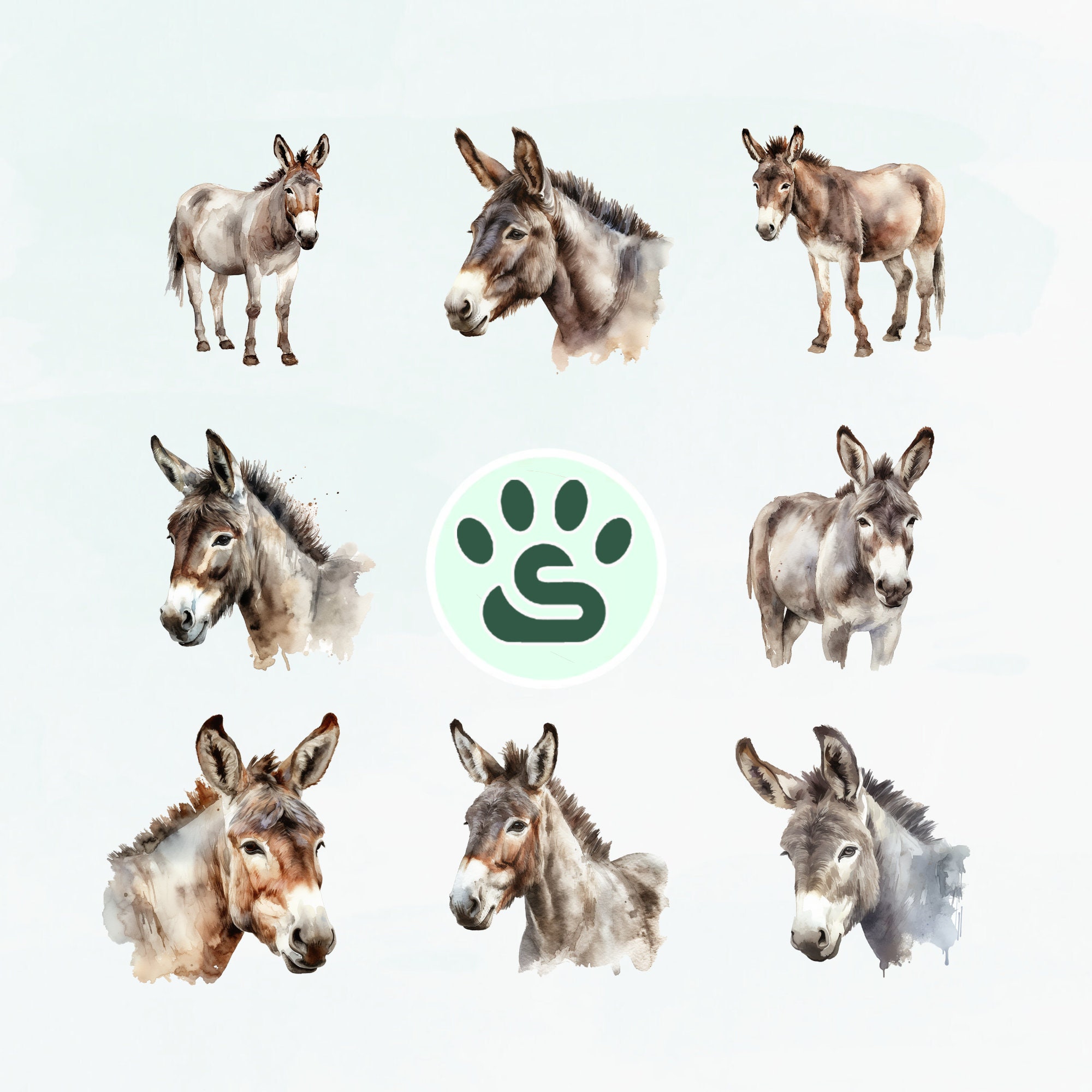 Watercolor Donkey Clipart | Donkey PNG Bundle | Farm Animals PNG | Cute ...