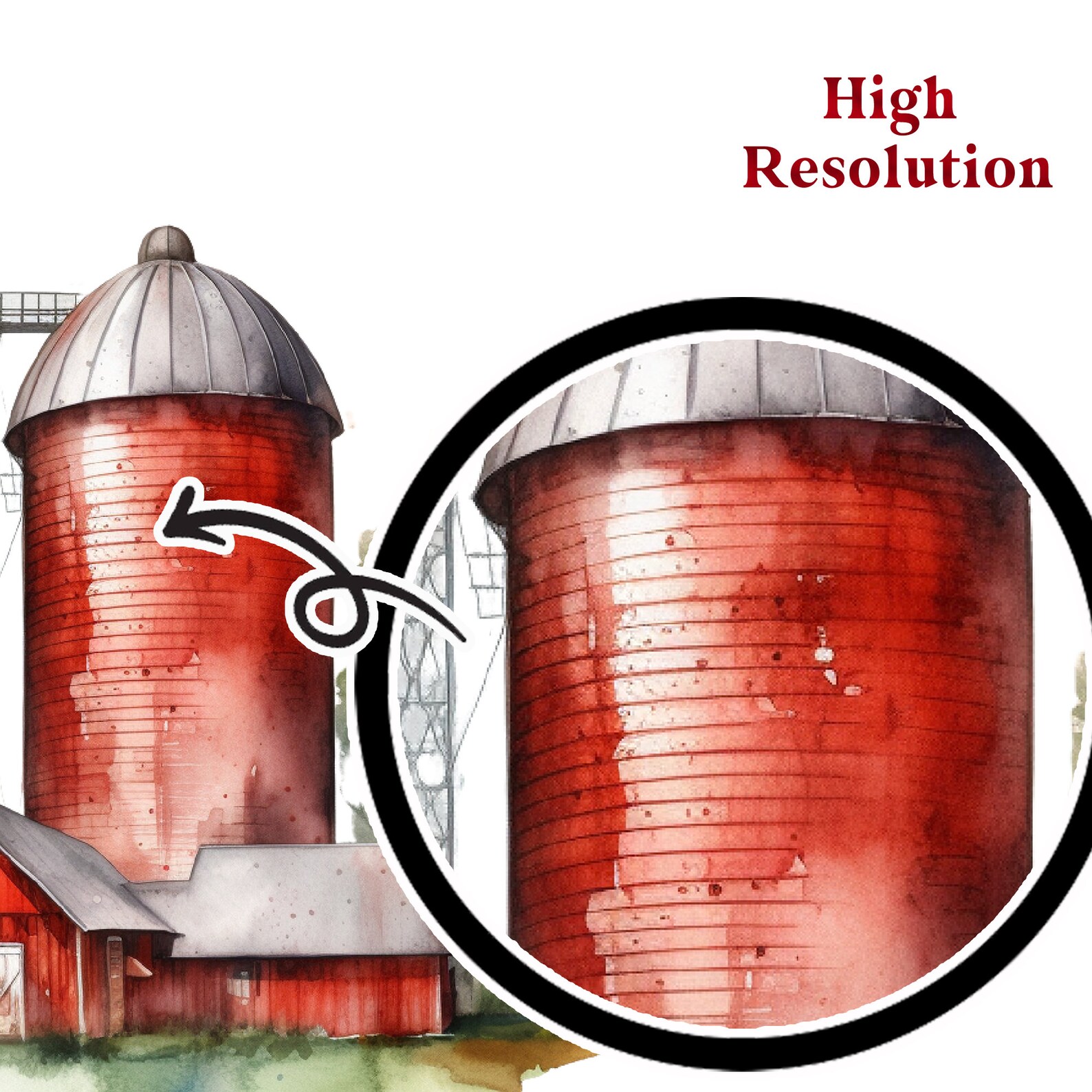Red Farm Barn Silo Clipart, Farmhouse Clipart, Silo Watercolor Clipart ...