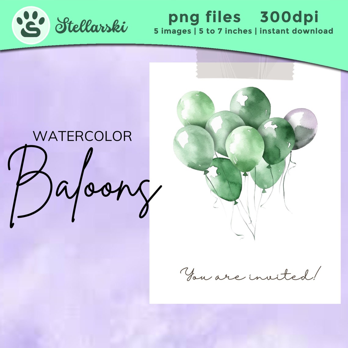 Watercolor Balloons Clipart Png Green Balloon Clipart - Etsy