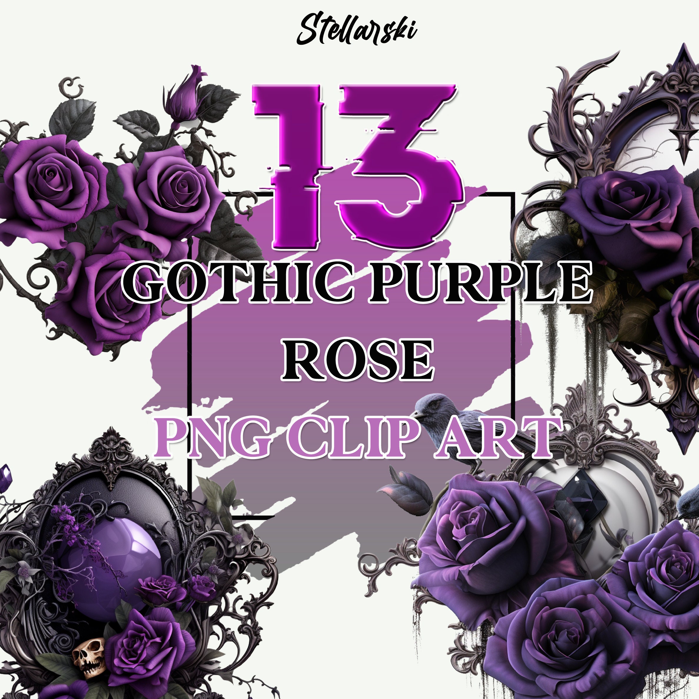 13 Gothic Purple Rose Clipart Pack | PNG | Fantasy Clipart | Floral ...
