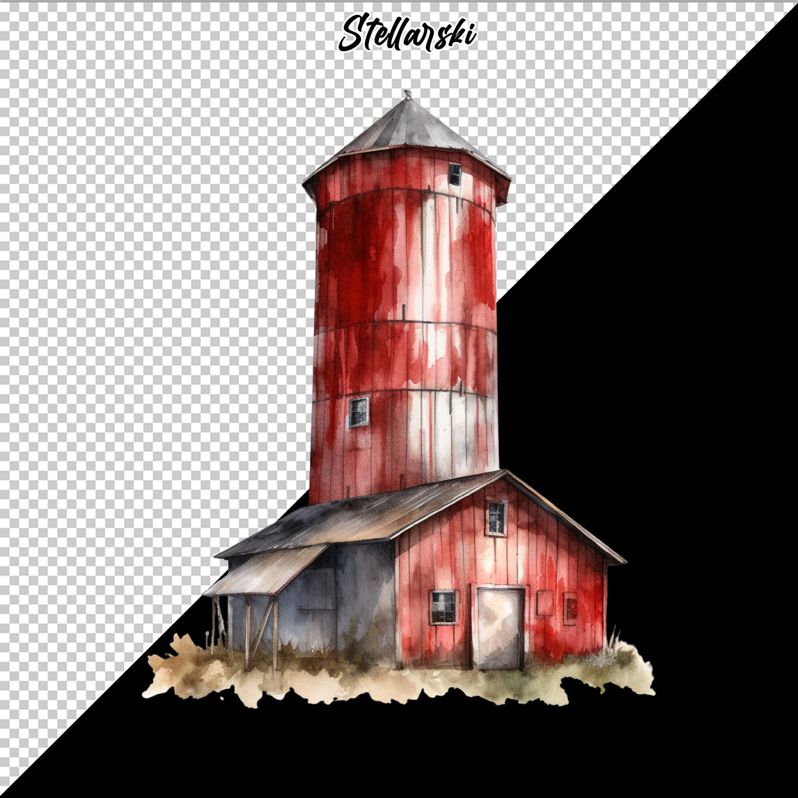 Red Farm Barn Silo Clipart, Farmhouse Clipart, Silo Watercolor Clipart ...