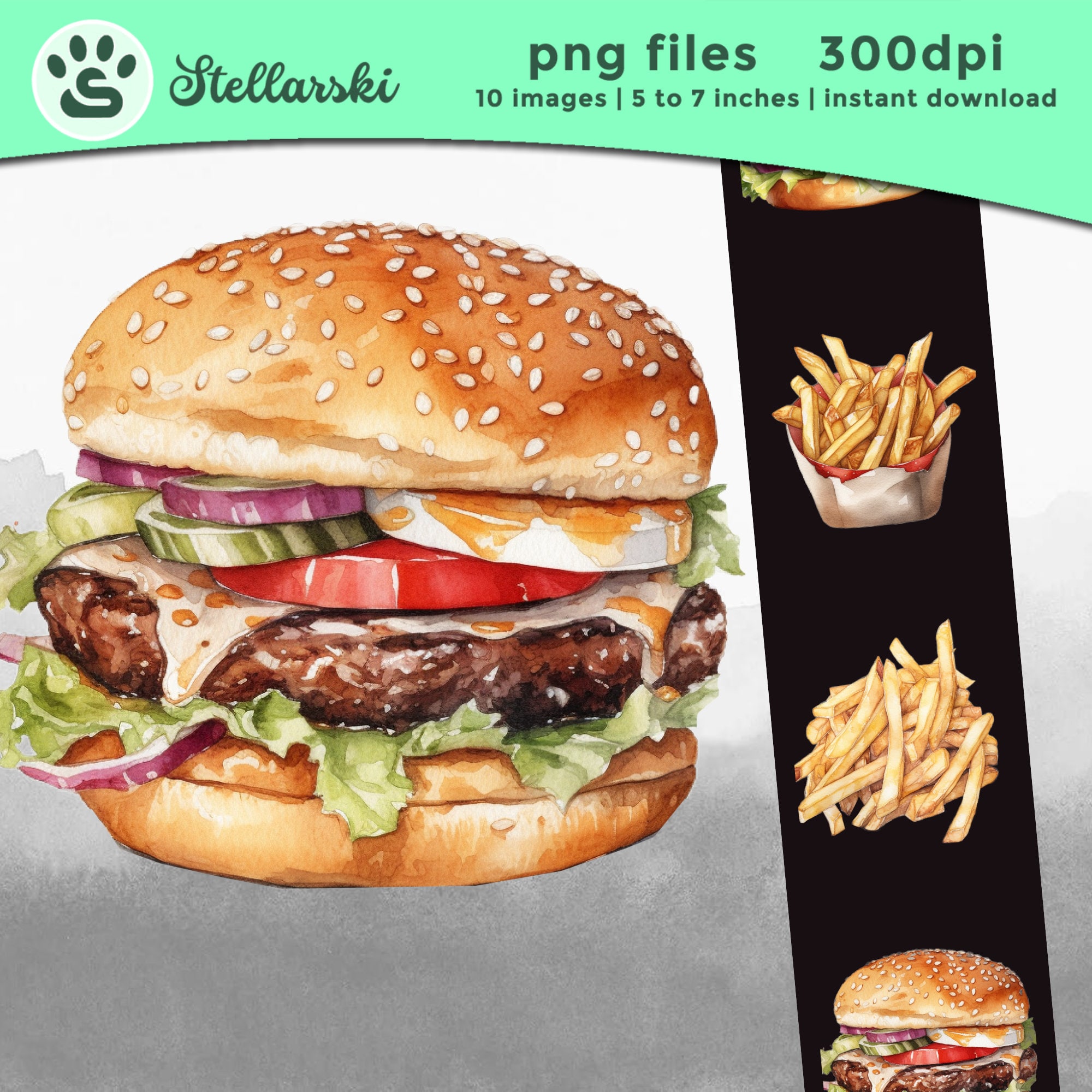Burgers Clipart, Fries PNG, Fast Food Illustration, Watercolor ...