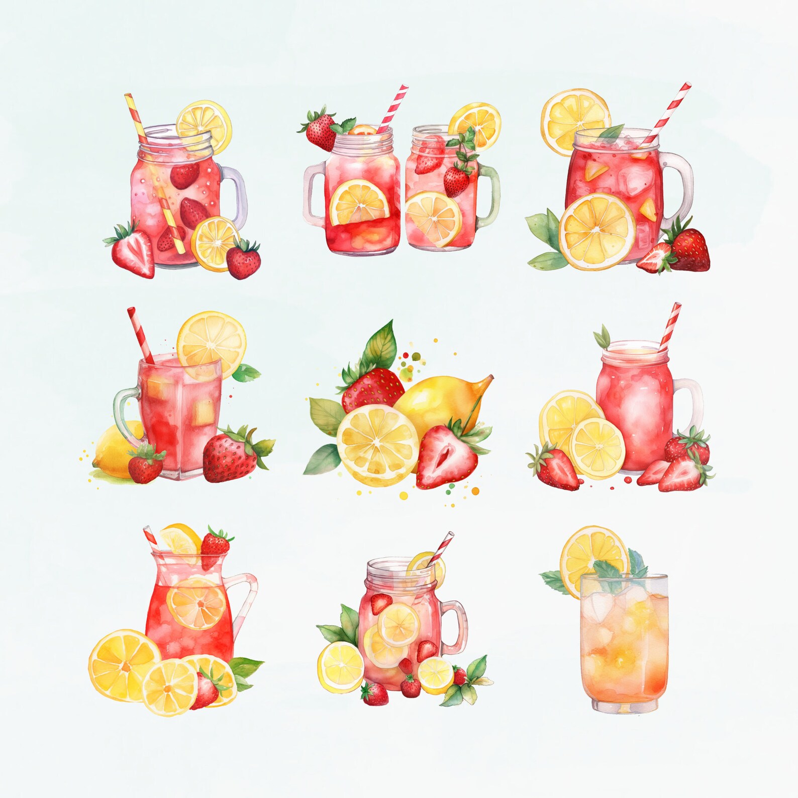 Watercolor Strawberry Lemonade Clipart | Pink Lemonade PNG Bundle ...